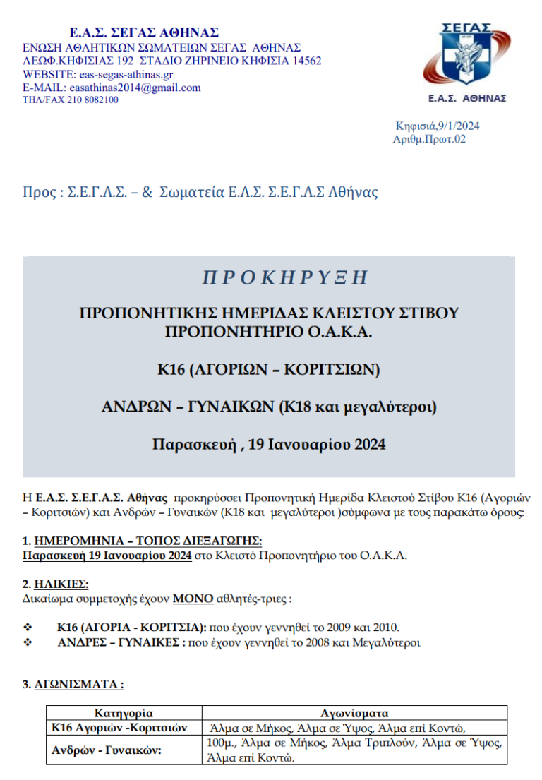 19/1/24 – ΟΑΚΑ- ΠΡΟΠΟΝΗΤΙΚΗ ΗΜΕΡΙΔΑ – ΕΑΣ ΣΕΓΑΣ ΑΘΗΝΑΣ